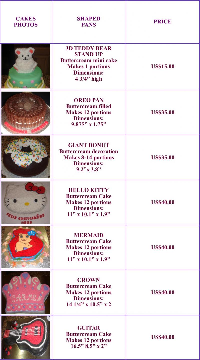 www.sweetsusy.com - Cakes: Shaped - Buttercream - Pricing Chart